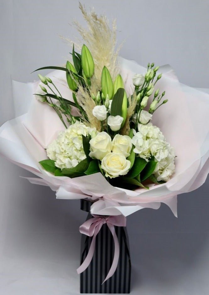 Lilies, Roses, Lissianthus & Hydrangea Bouquet | Laura Gooding Florist