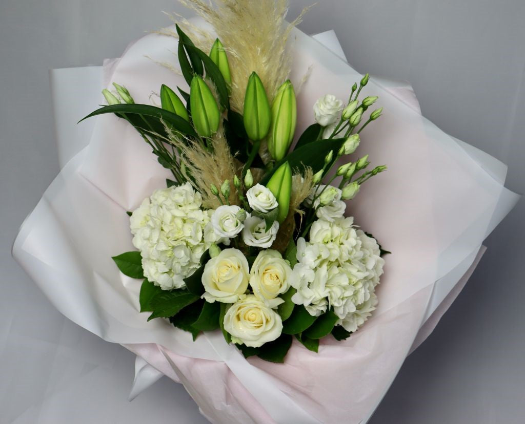 Lilies, Roses, Lissianthus & Hydrangea Bouquet | Laura Gooding Florist
